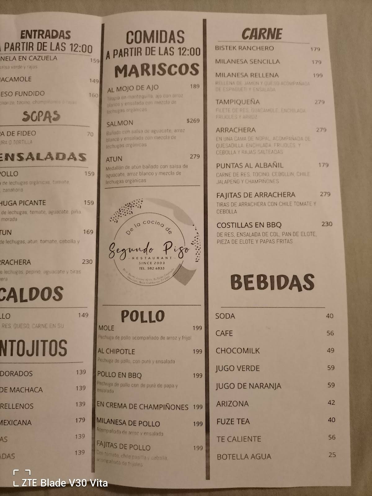 Menu at Segundo Piso Restaurant, Mexicali