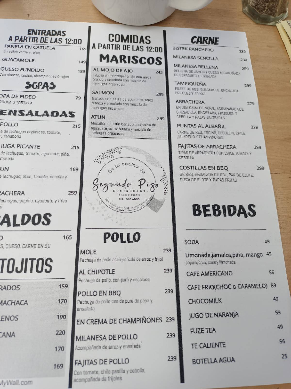Menu at Segundo Piso Restaurant, Mexicali