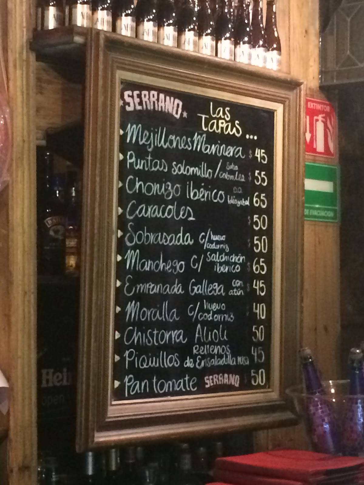 Carta del pub y bar Serrano Taberna, Ciudad del México