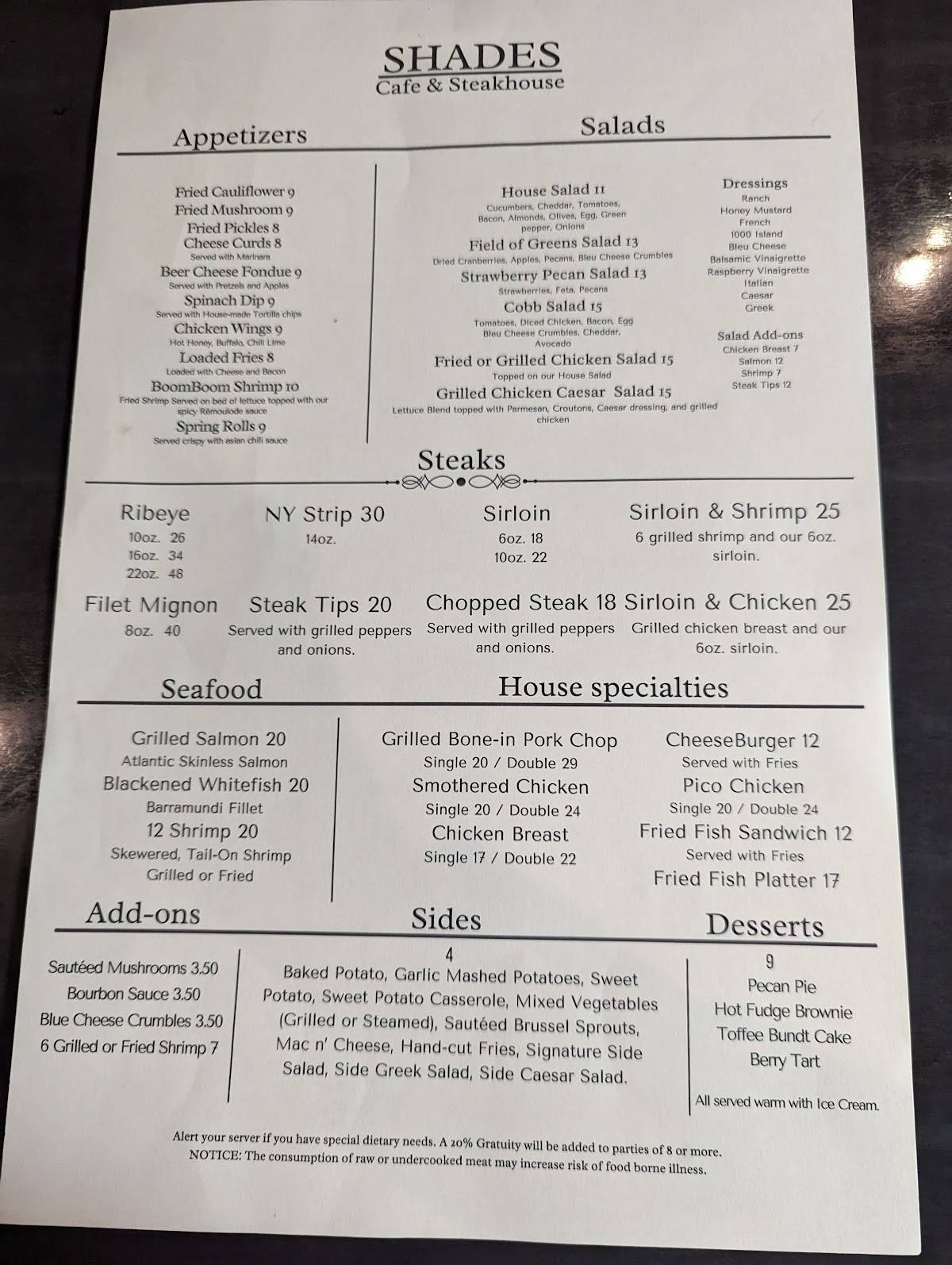Menu at Shades Café & Steakhouse, Middlesboro