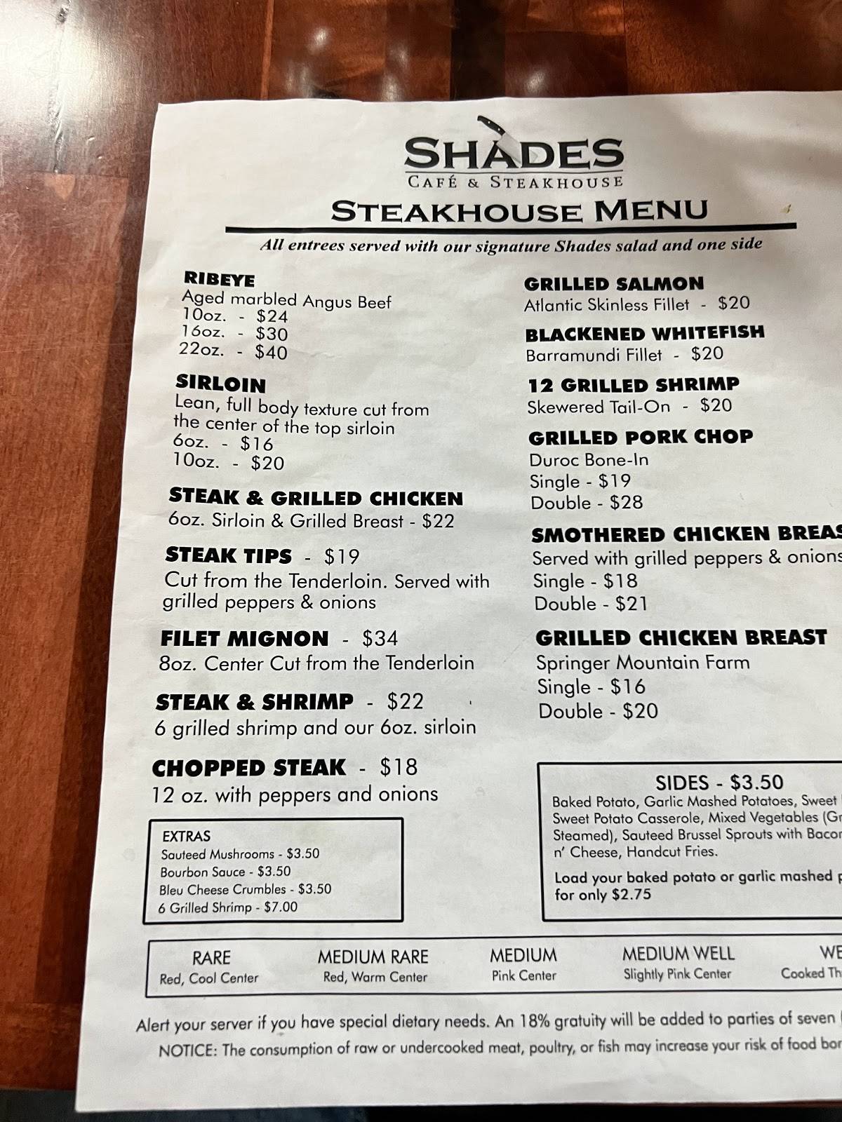 Menu at Shades Café & Steakhouse, Middlesboro