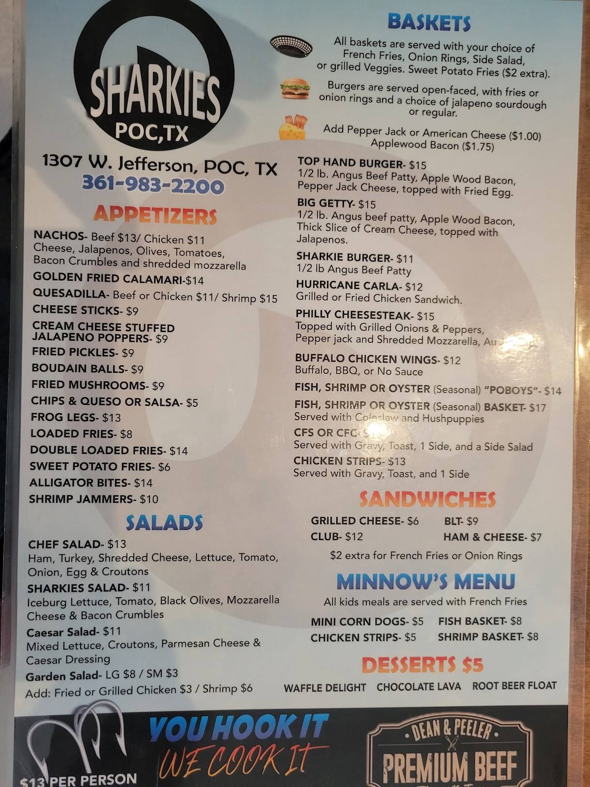 Menu at Sharkies Bar & Grill, Port O'Connor
