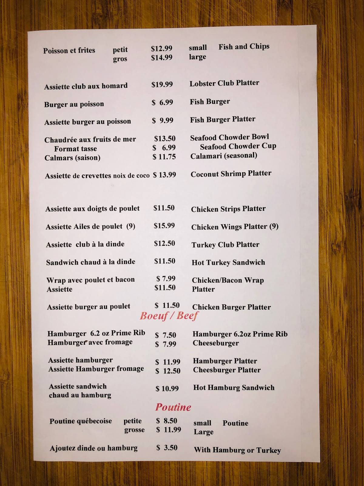 Menu at Lobster Deck Eat in & take-out licensed restaurant, Shediac