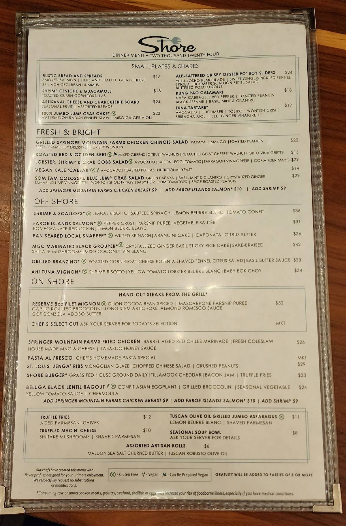 Menu at Shore Longboat Key restaurant, Longboat Key