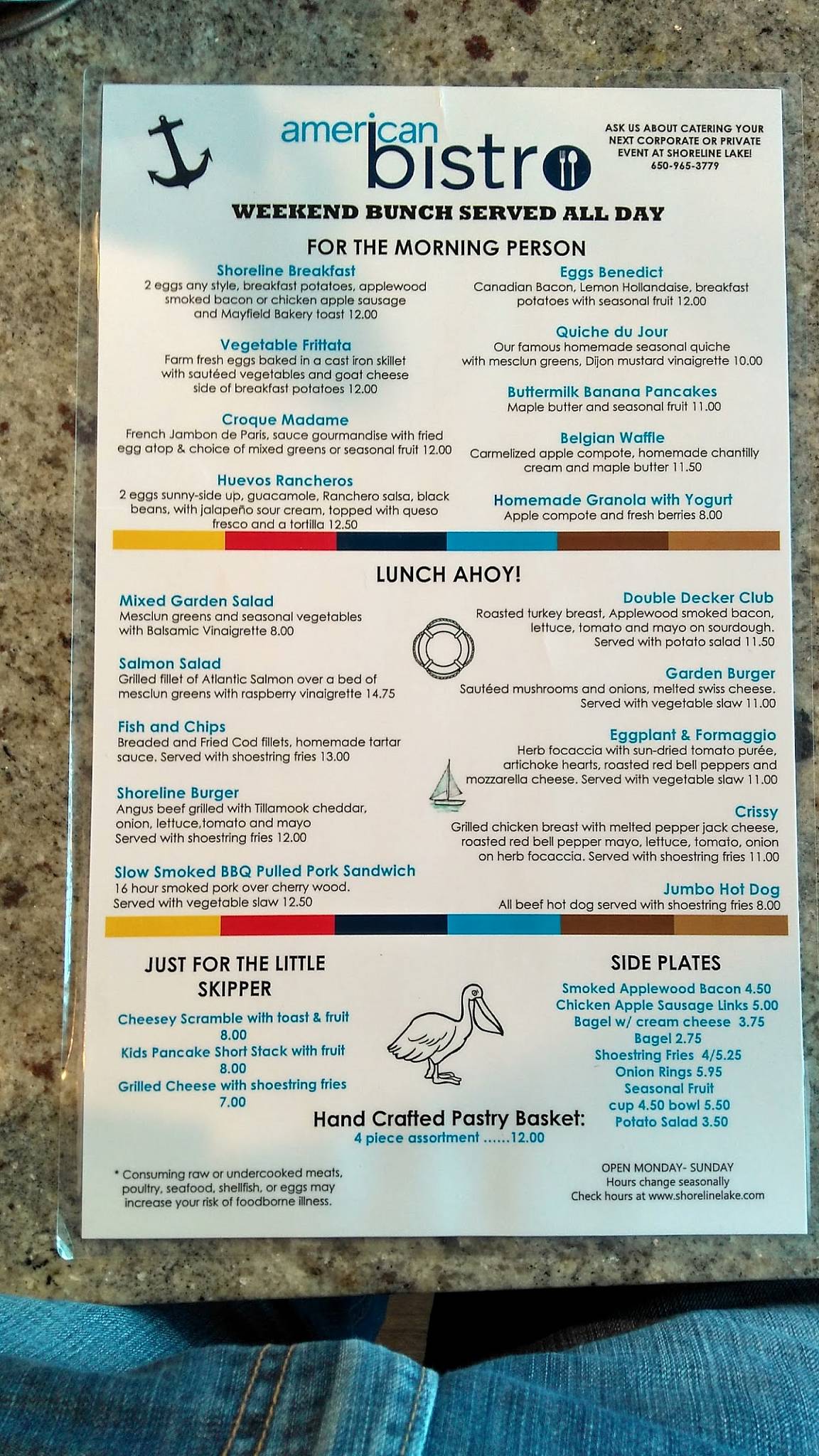 Menu at Shoreline Lake American Bistro pub & bar, Mountain View