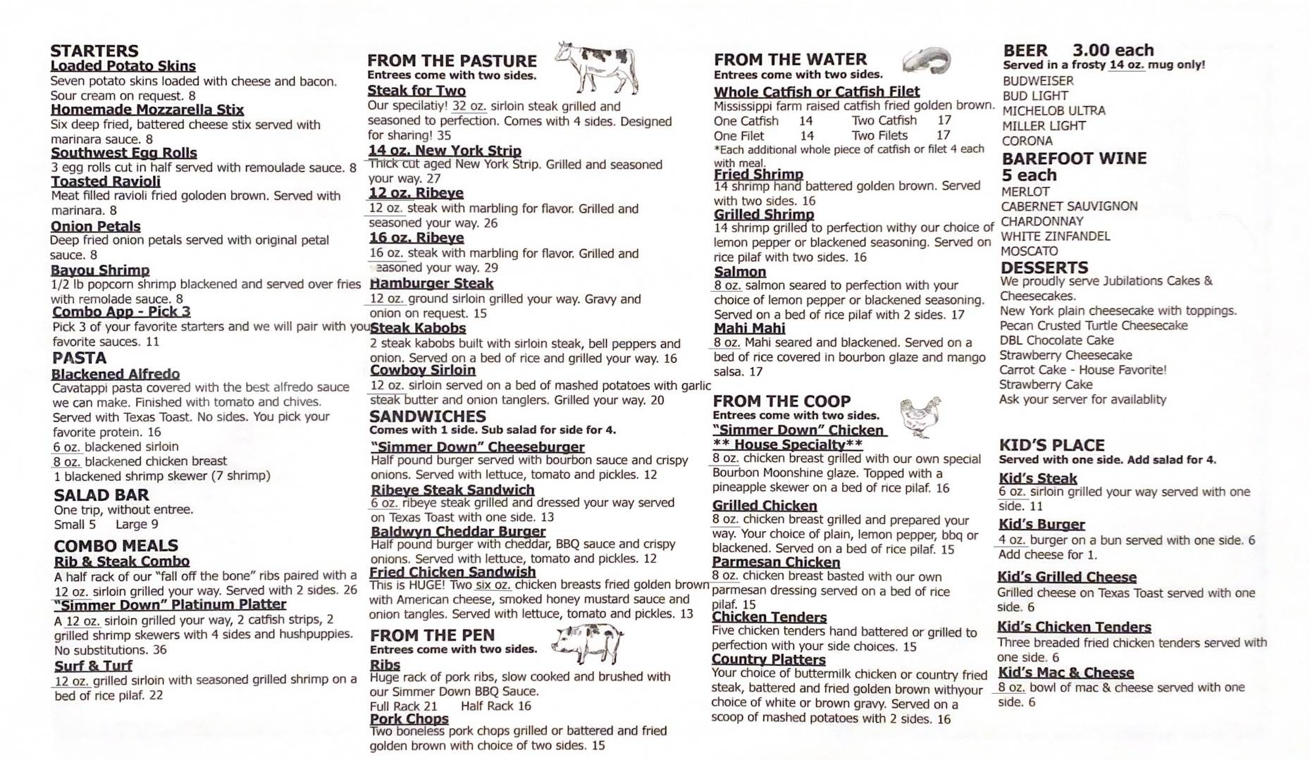Menu at Simmer Down steakhouse, Baldwyn