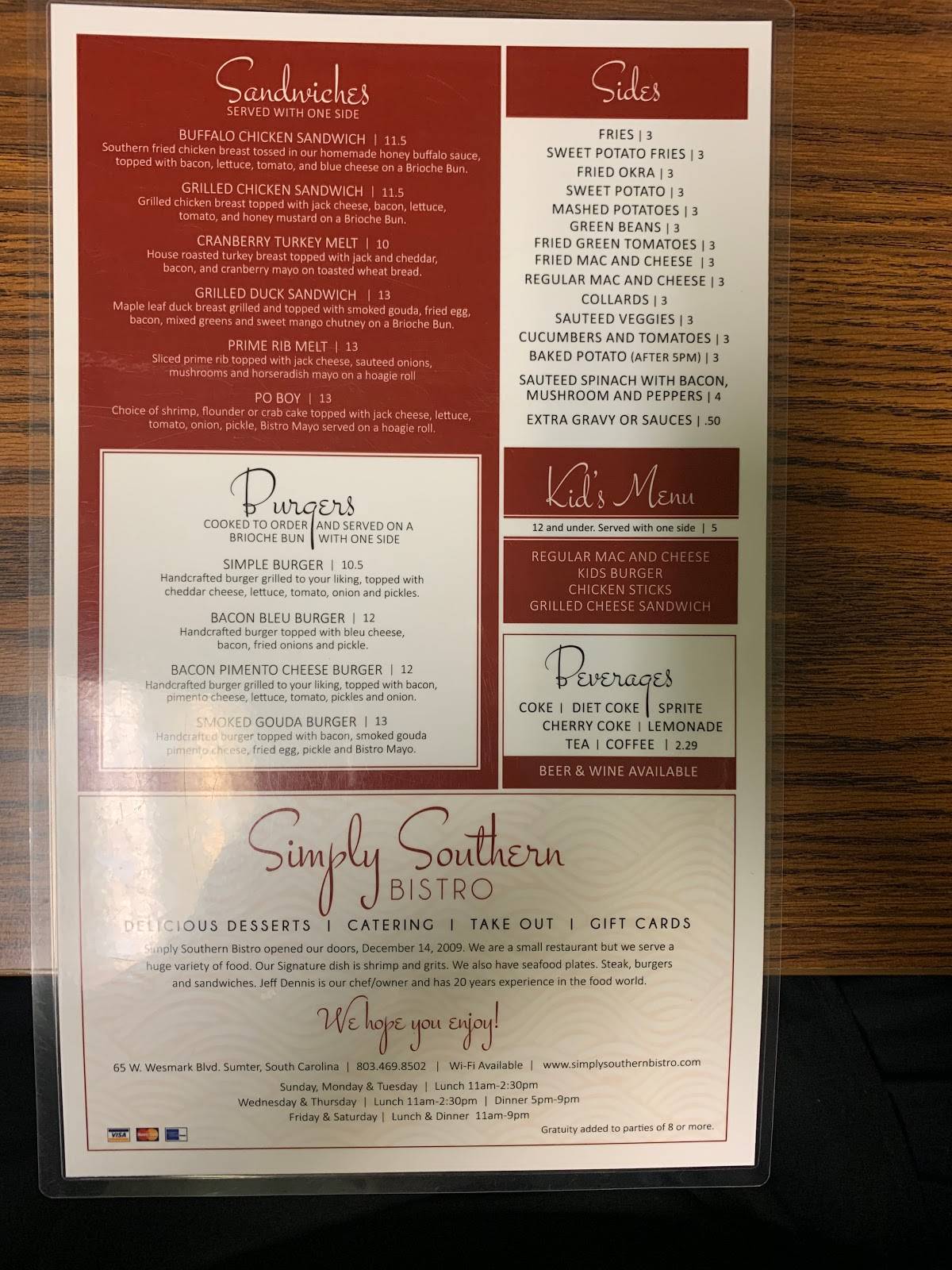 Menu at Simply Southern Bistro restaurant, Sumter
