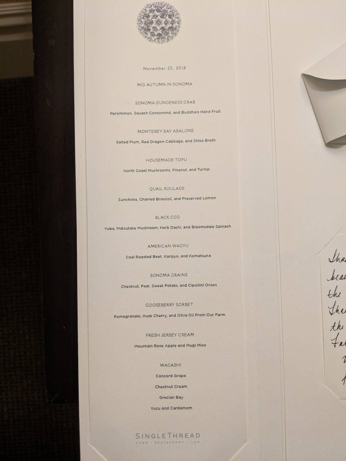 Menu at SingleThread Farm - Restaurant - Inn, Healdsburg