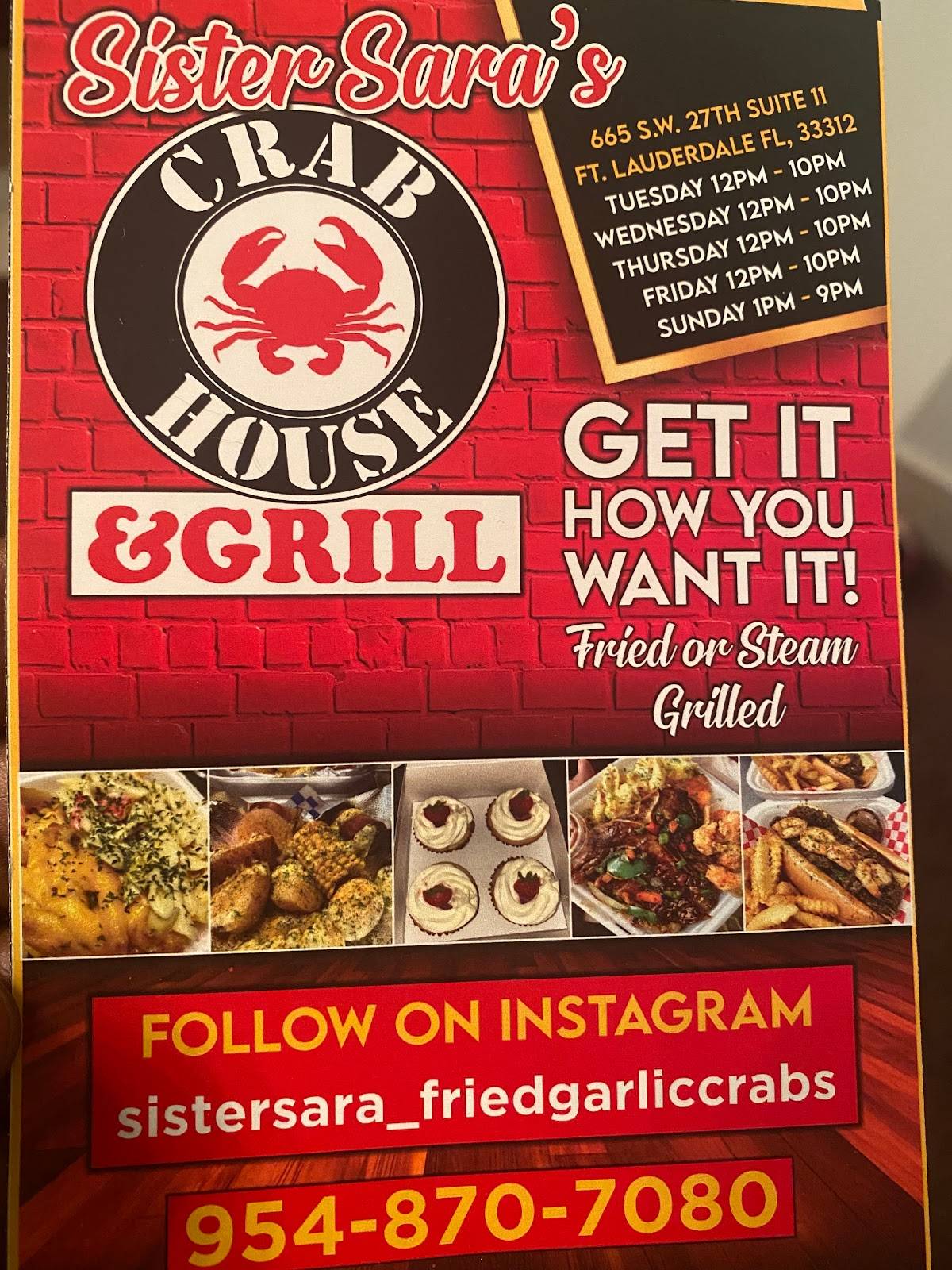 Menu at Sister Sara Crab House restaurant, Fort Lauderdale