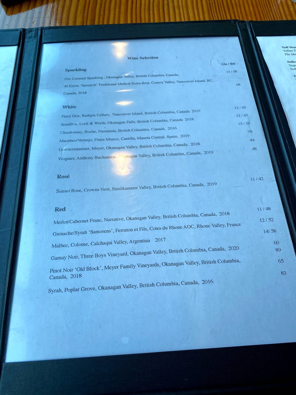 Menu at SoBo Restaurant, Tofino