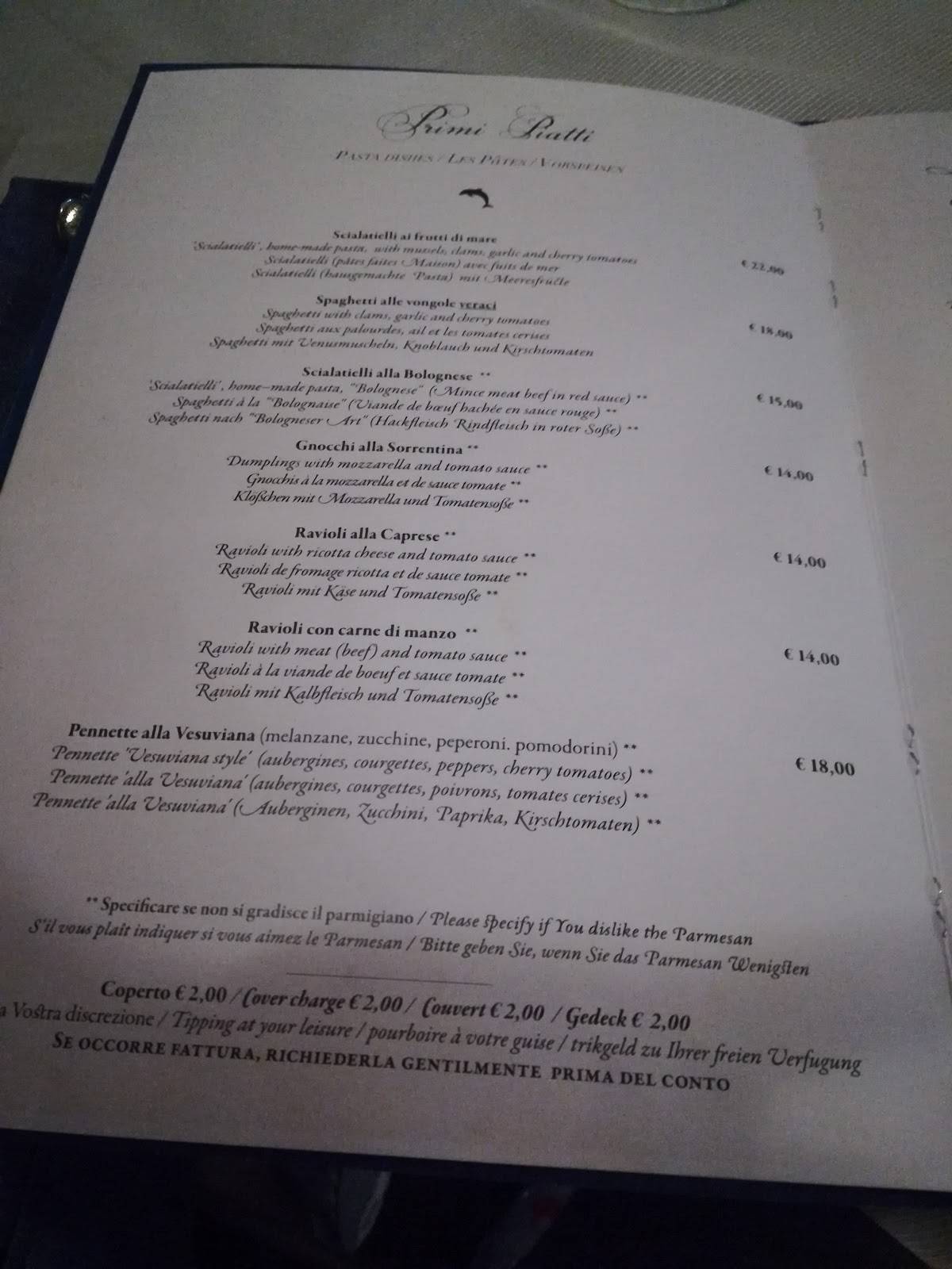 Menu at Bagni Delfino restaurant, Sorrento