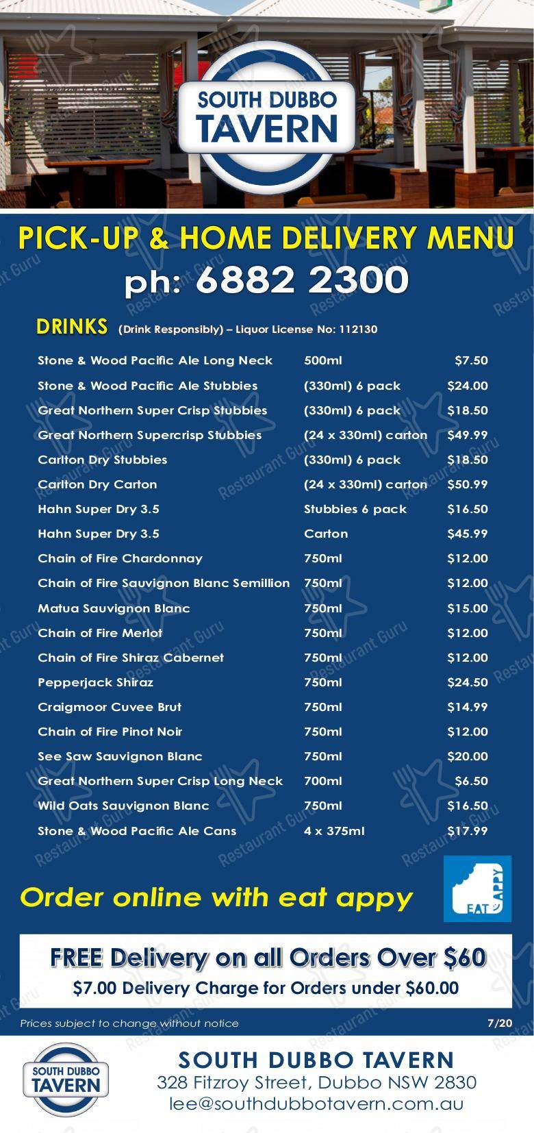 Menu at South Dubbo Tavern restaurant, Dubbo