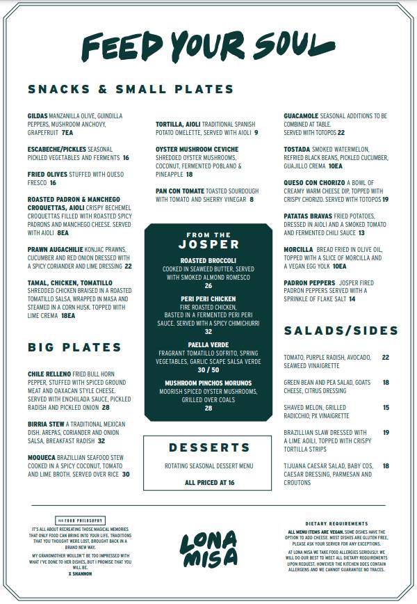 Menu at Lona Misa restaurant, South Yarra