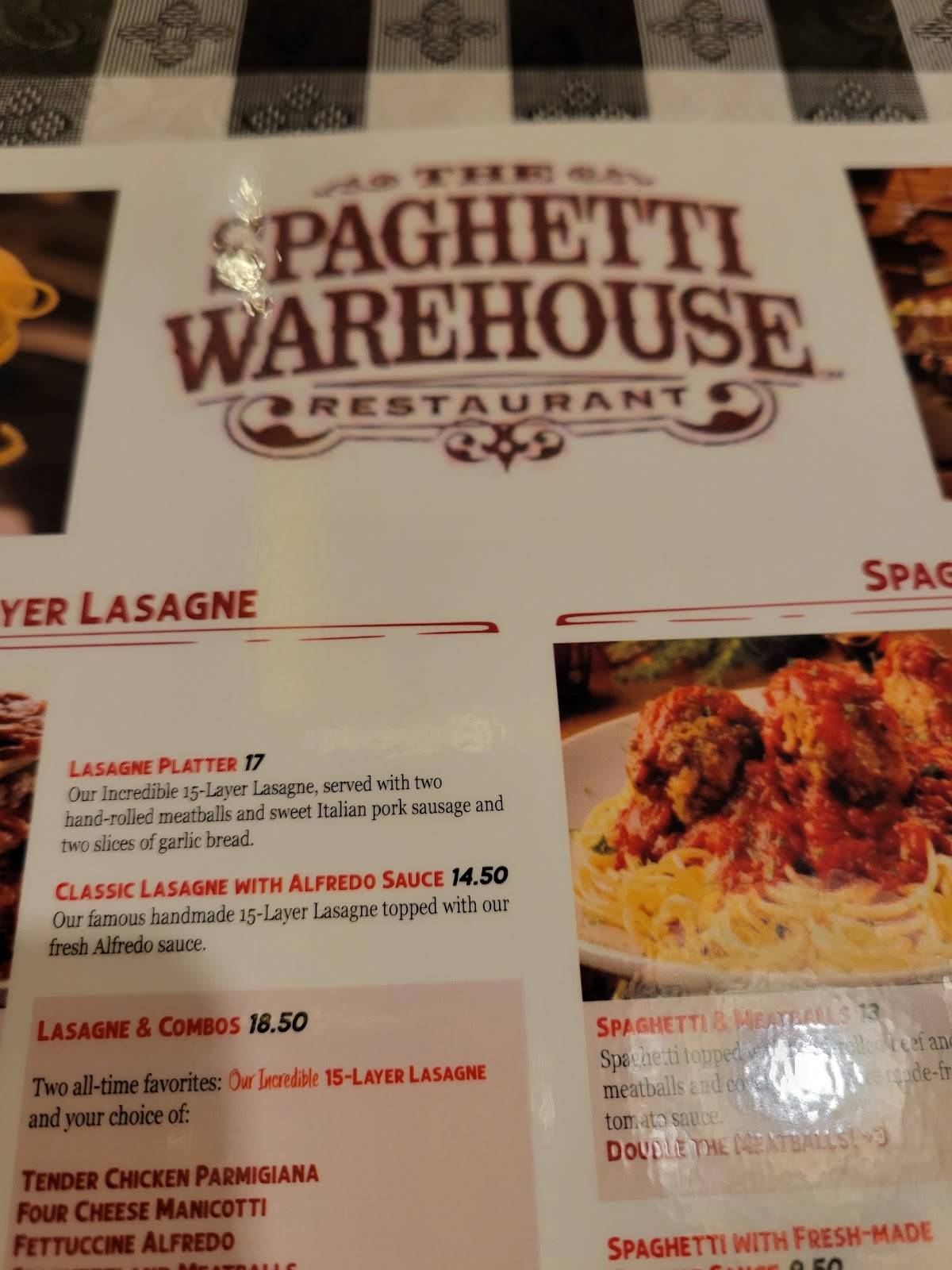 Menu at Spaghetti Warehouse restaurant, Akron