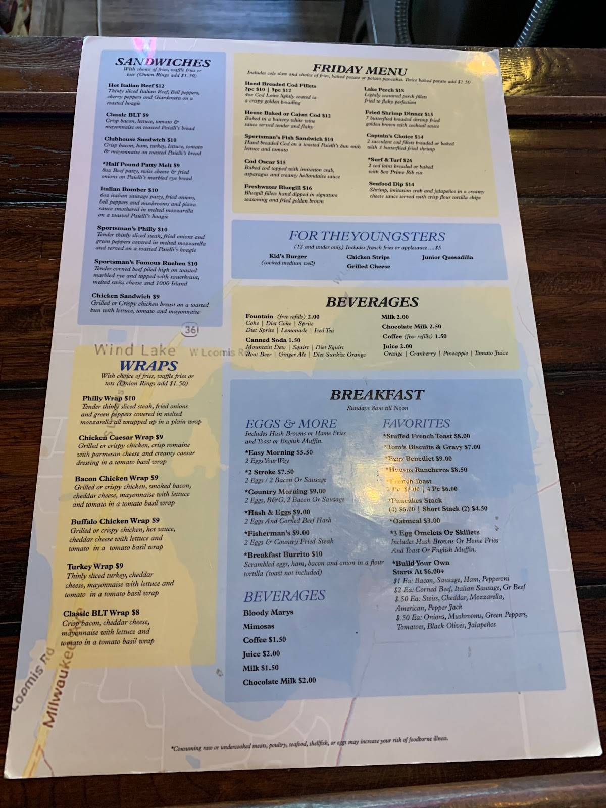 Menu at Sportsman's Pub & Grub, Wind Lake