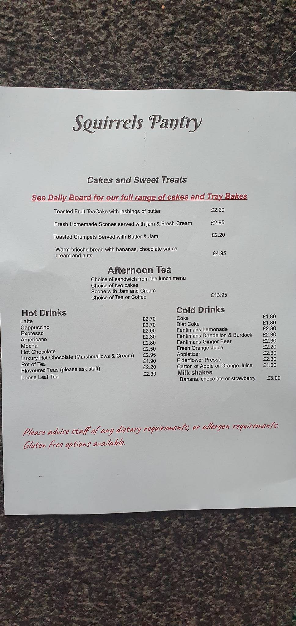 Menu at Squirrels Pantry restaurant, Cockermouth, Oakhurst Garden Centre