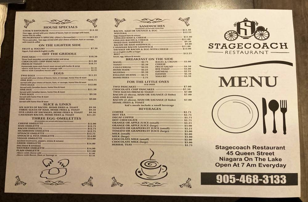 Menu at Stage Coach Family Restaurant, Niagara-on-the-Lake
