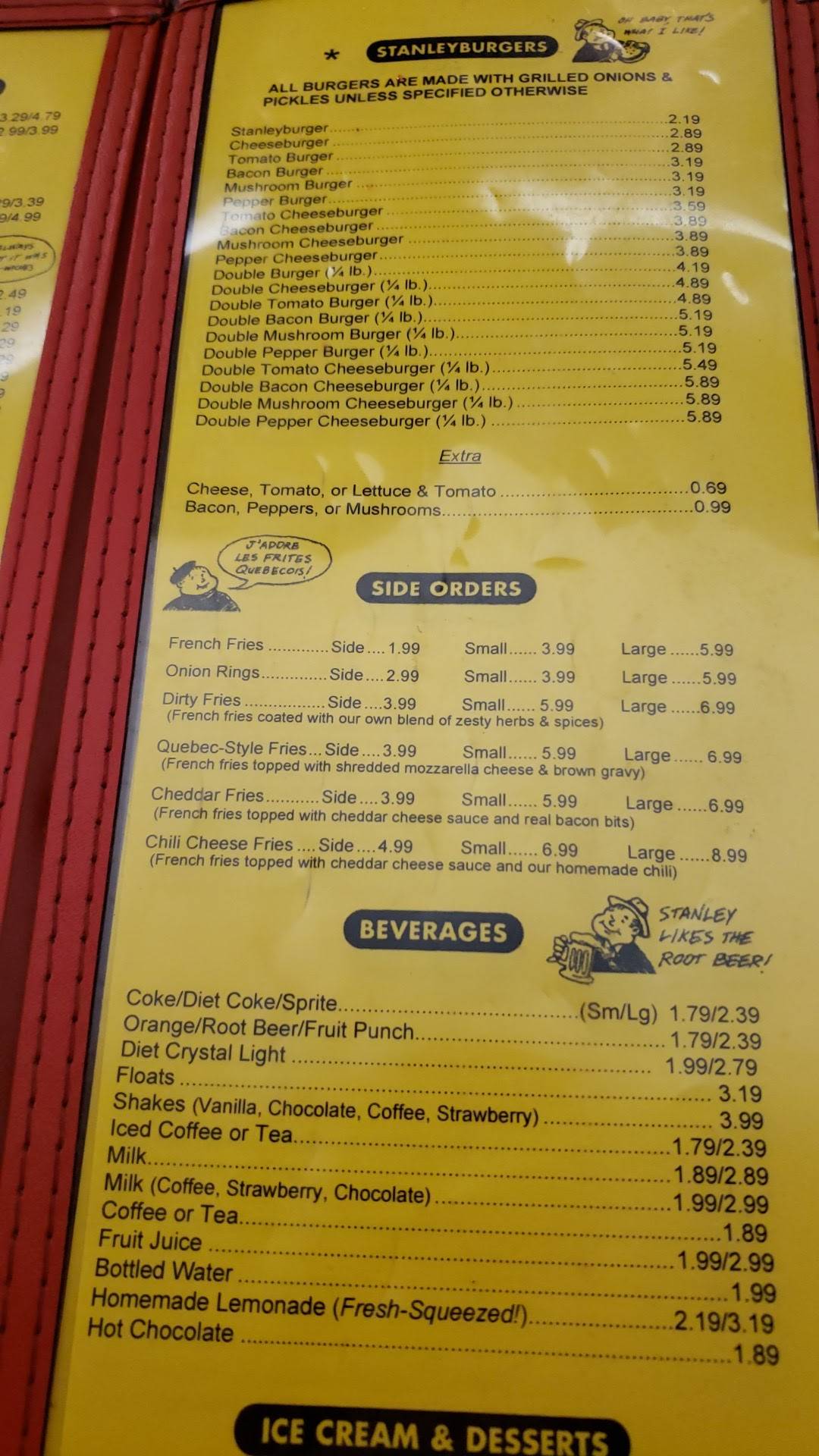 Menu at Stanley's Famous Hamburgers restaurant, Central Falls, 535 ...