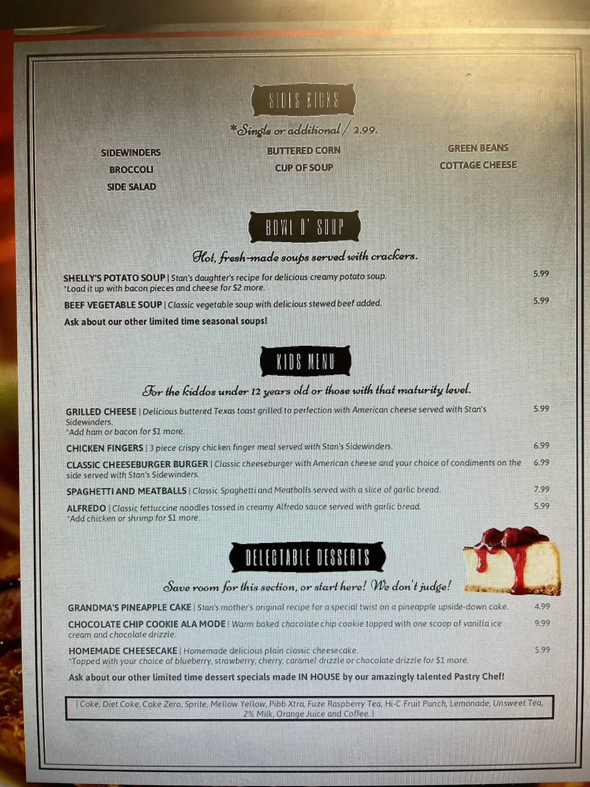 Menu at Stan's Bar and Grille of Peru, Grissom Air Force Base