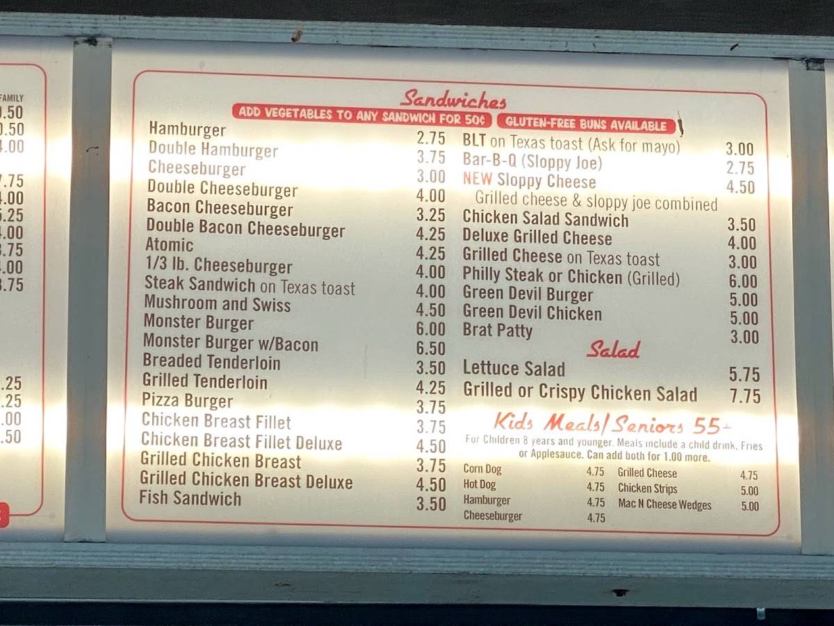 Menu at Stan's Drive-In restaurant, Osage, Main St