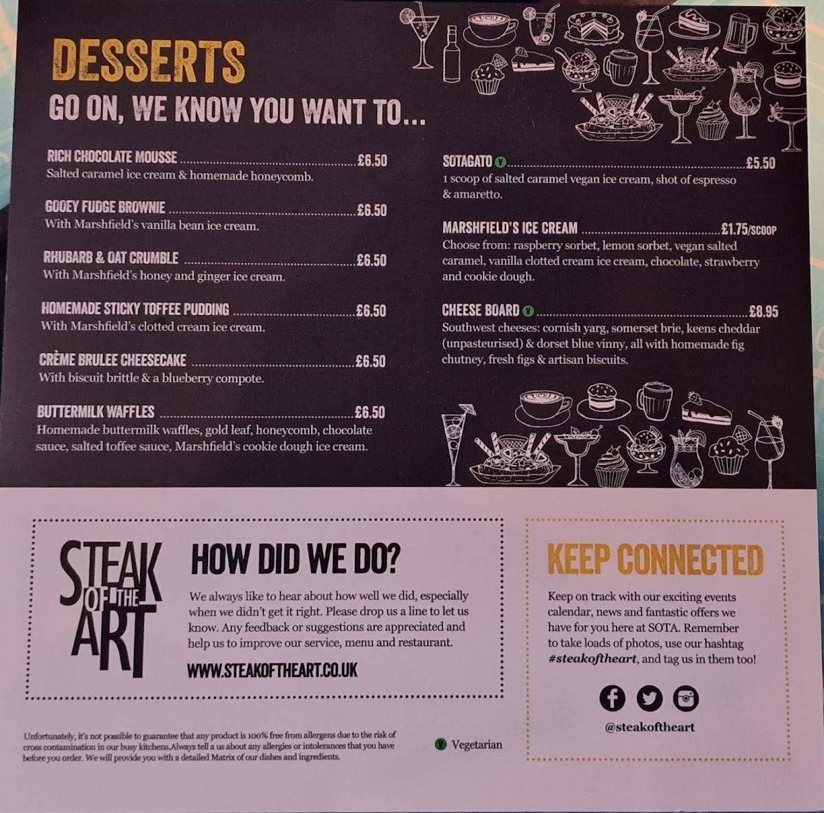 Menu at Steak of the Art steakhouse, Cardiff