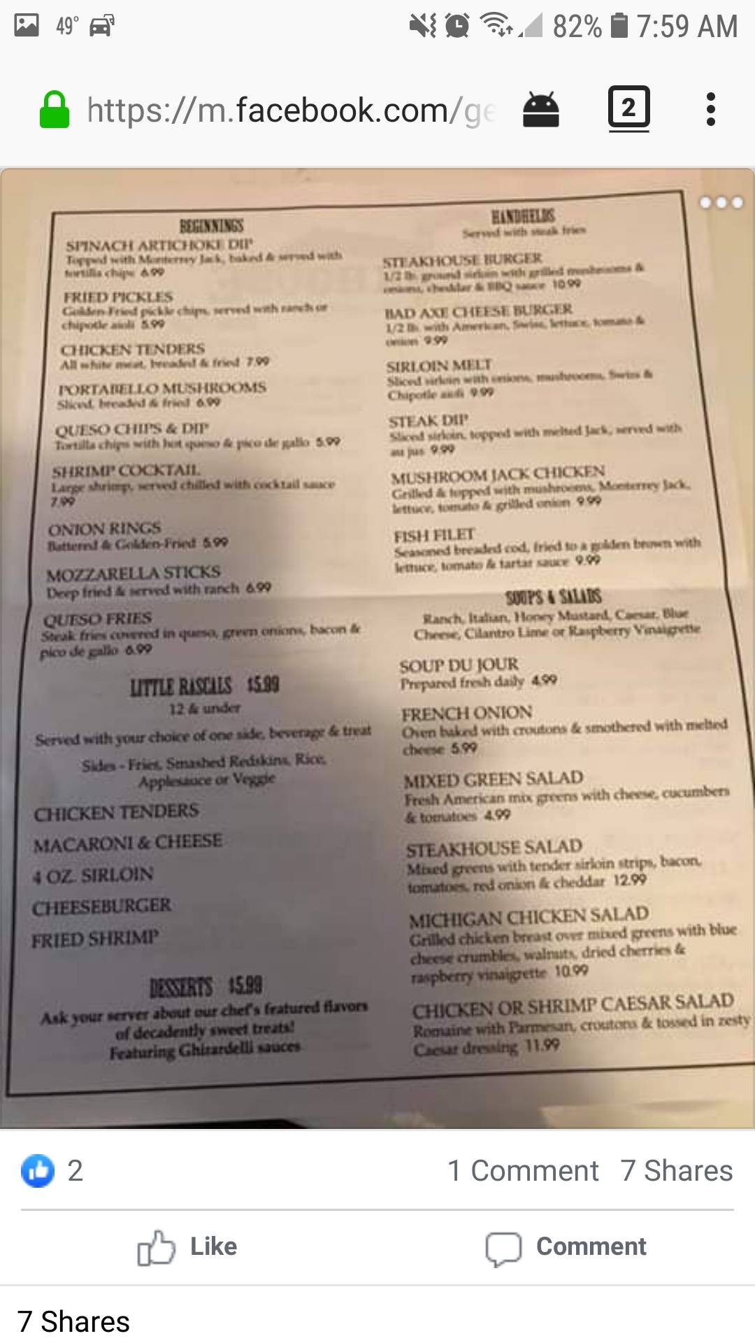 Menu at Steakhouse, Bad Axe