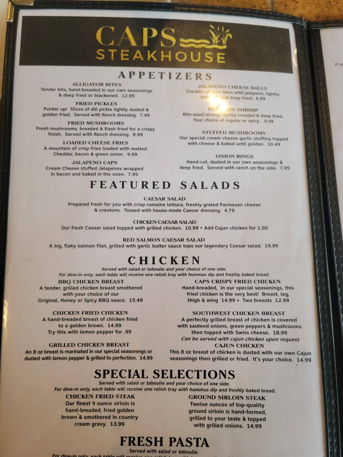 Menu at CAPS Steakhouse, Mannford, 68 Industrial Dr