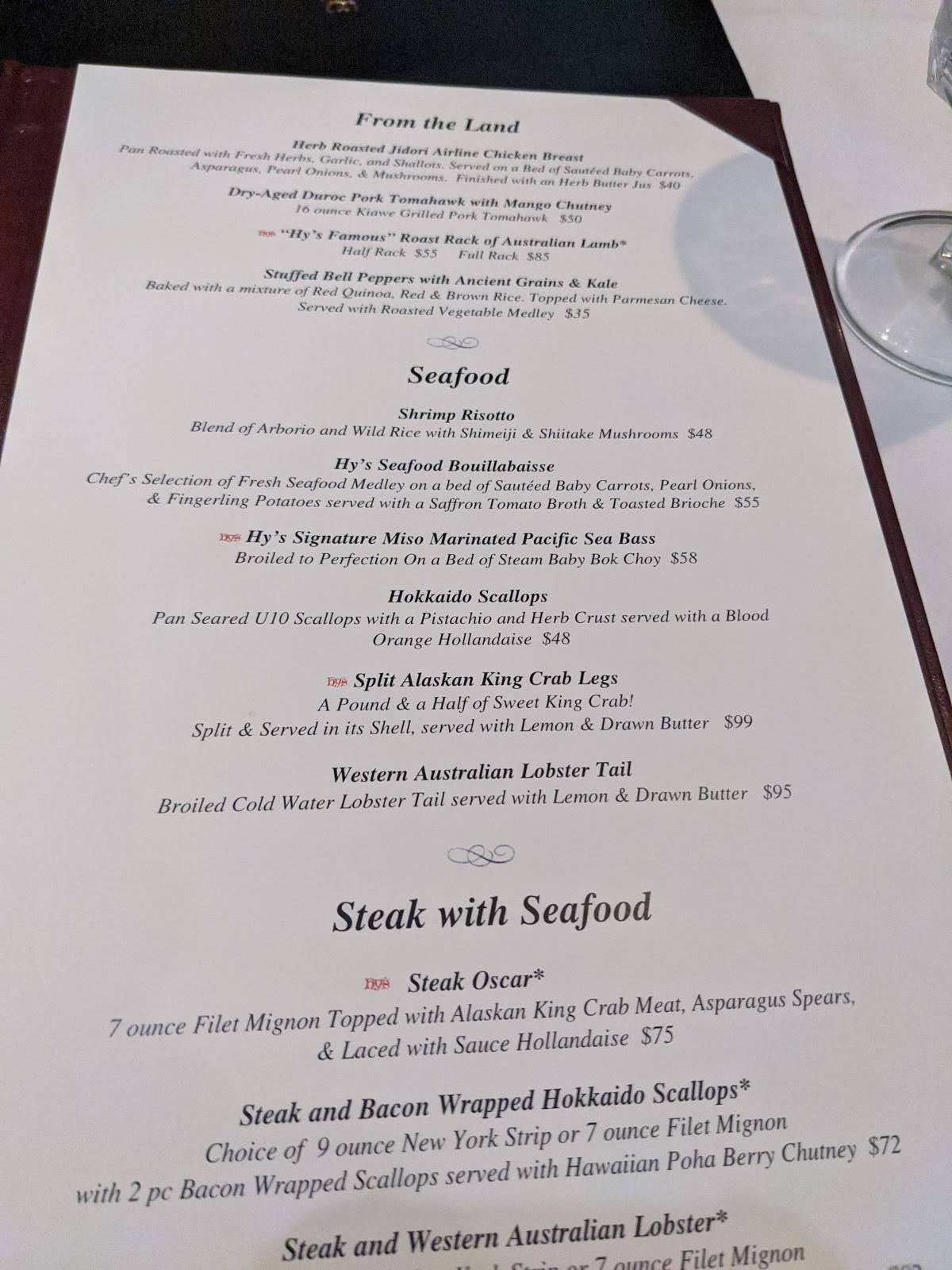 Menu at Hy's Steak House steakhouse, Honolulu