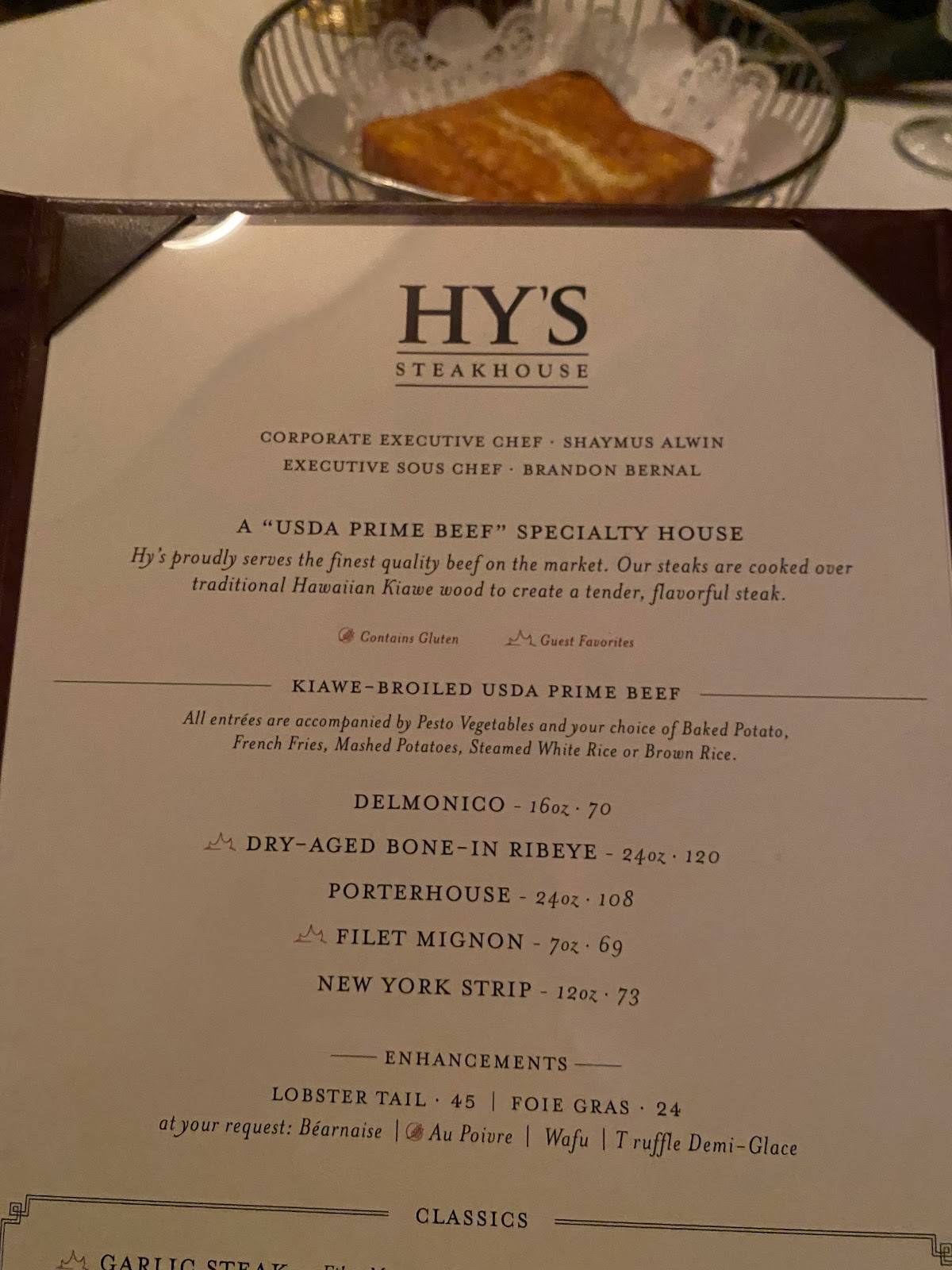 Menu at Hy's Steak House steakhouse, Honolulu