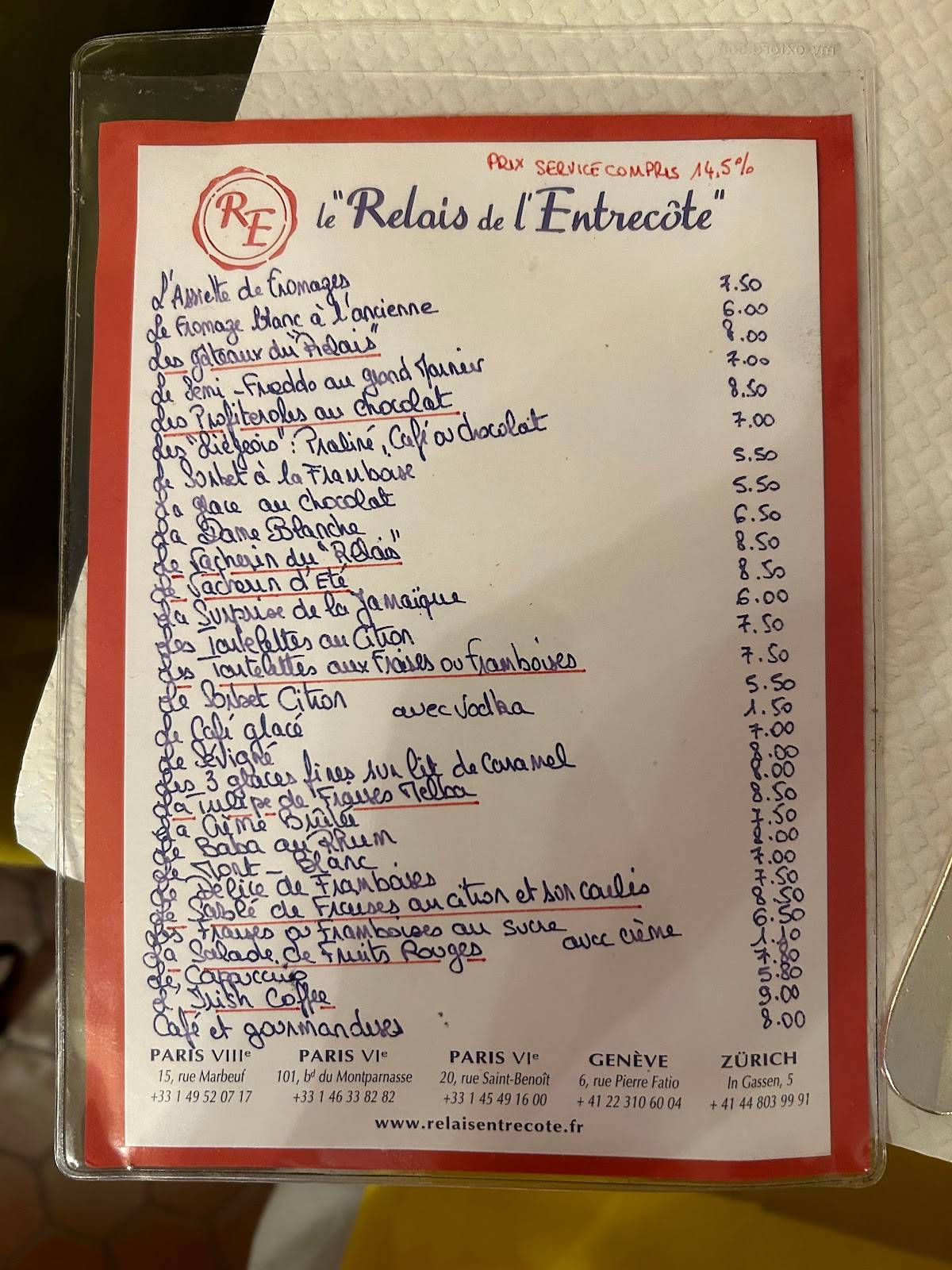 Menu au Le Relais de l'Entrecôte restaurant à viande, Paris, 20 Rue ...