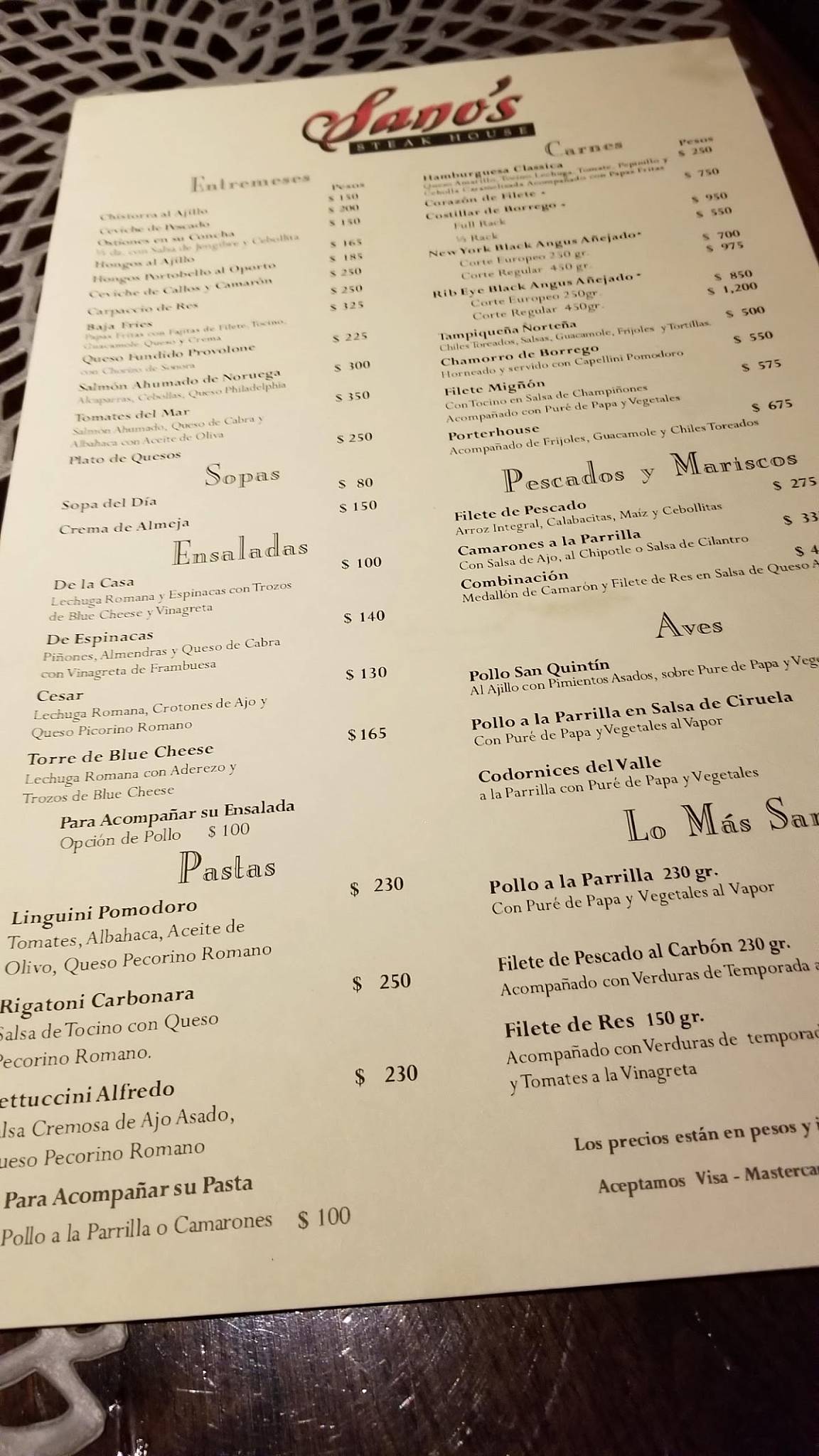 Menu at Sano´s Steak House steakhouse, Ensenada, Carr. Tijuana-Ensenada ...
