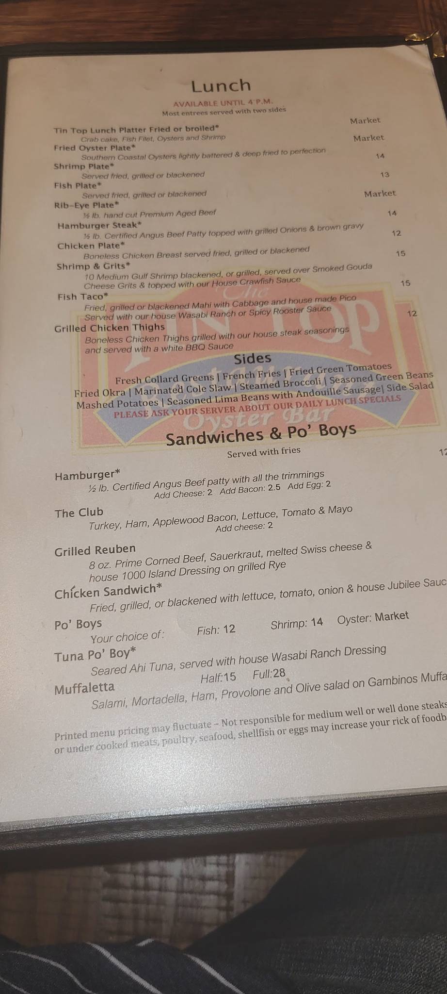 Menu at The Tin Top Restaurant & Oyster Bar, Bon Secour