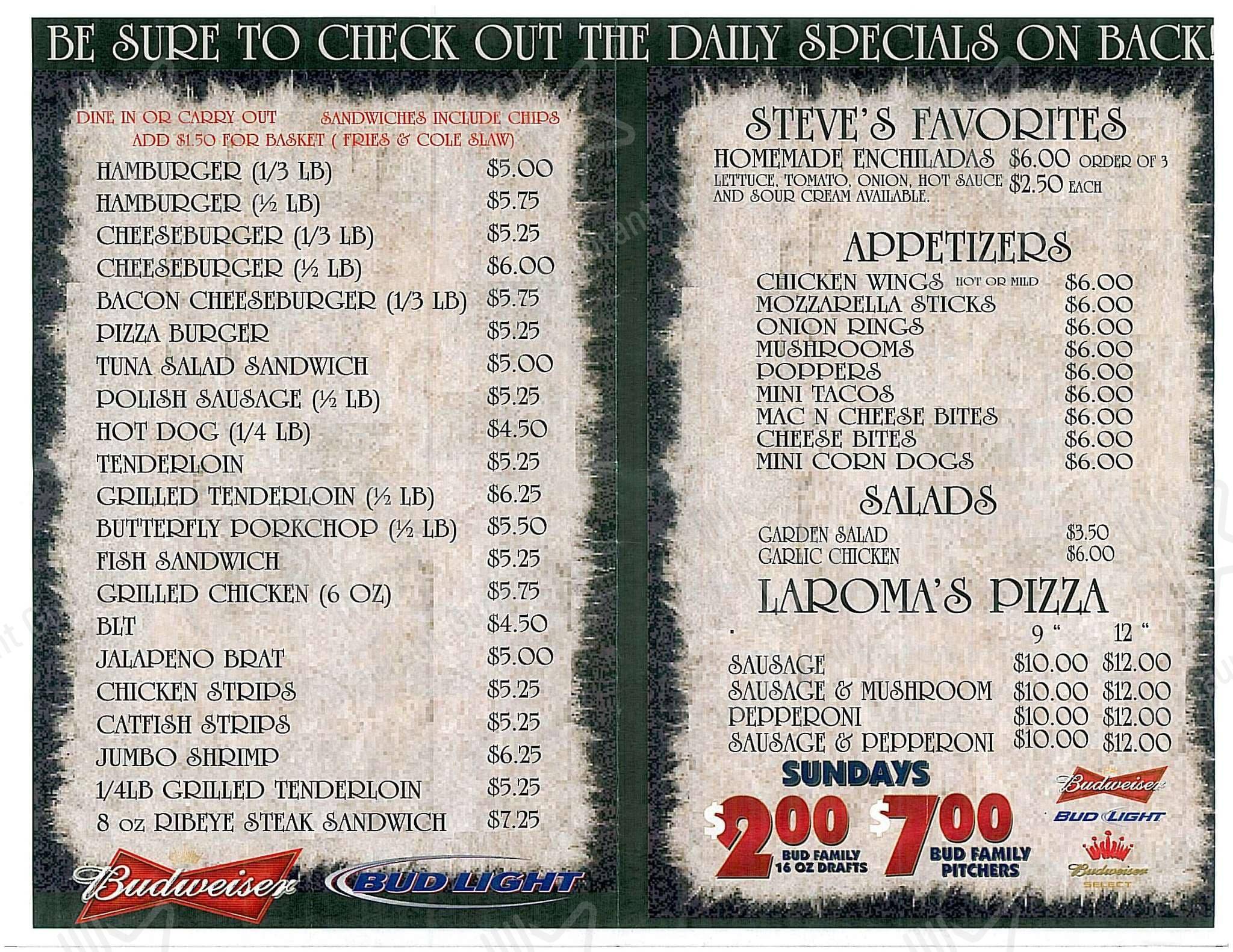 Menu at Steve's Old Time Tap pub & bar, Rock Island