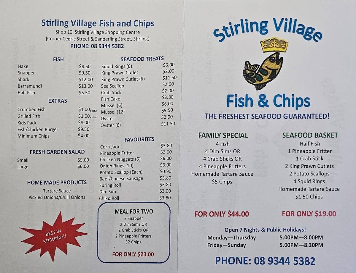 Menu at Stirling Village Fish & Chips restaurant, Stirling, Shop 10