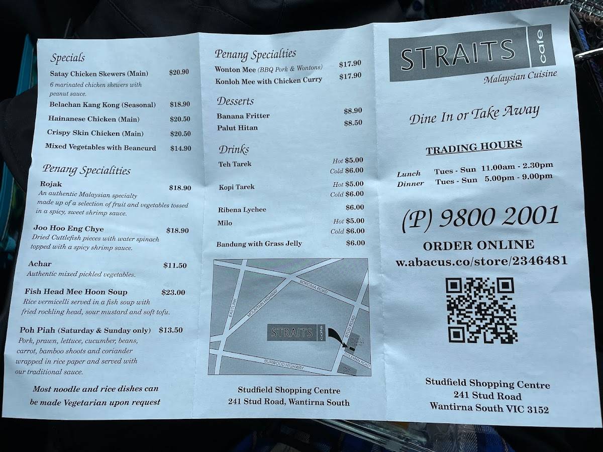 Menu at Straits Cafe Malaysian Restaurant, Wantirna South