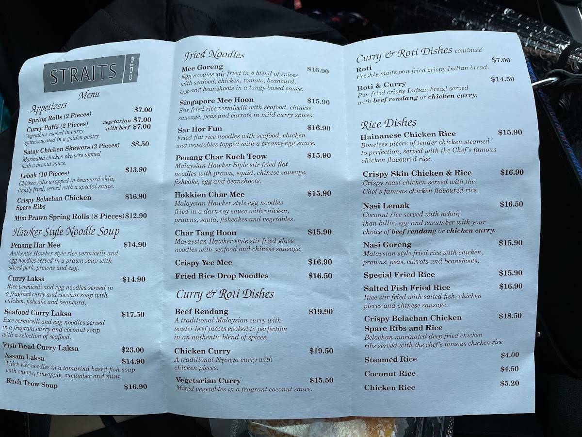 Menu at Straits Cafe Malaysian Restaurant, Wantirna South