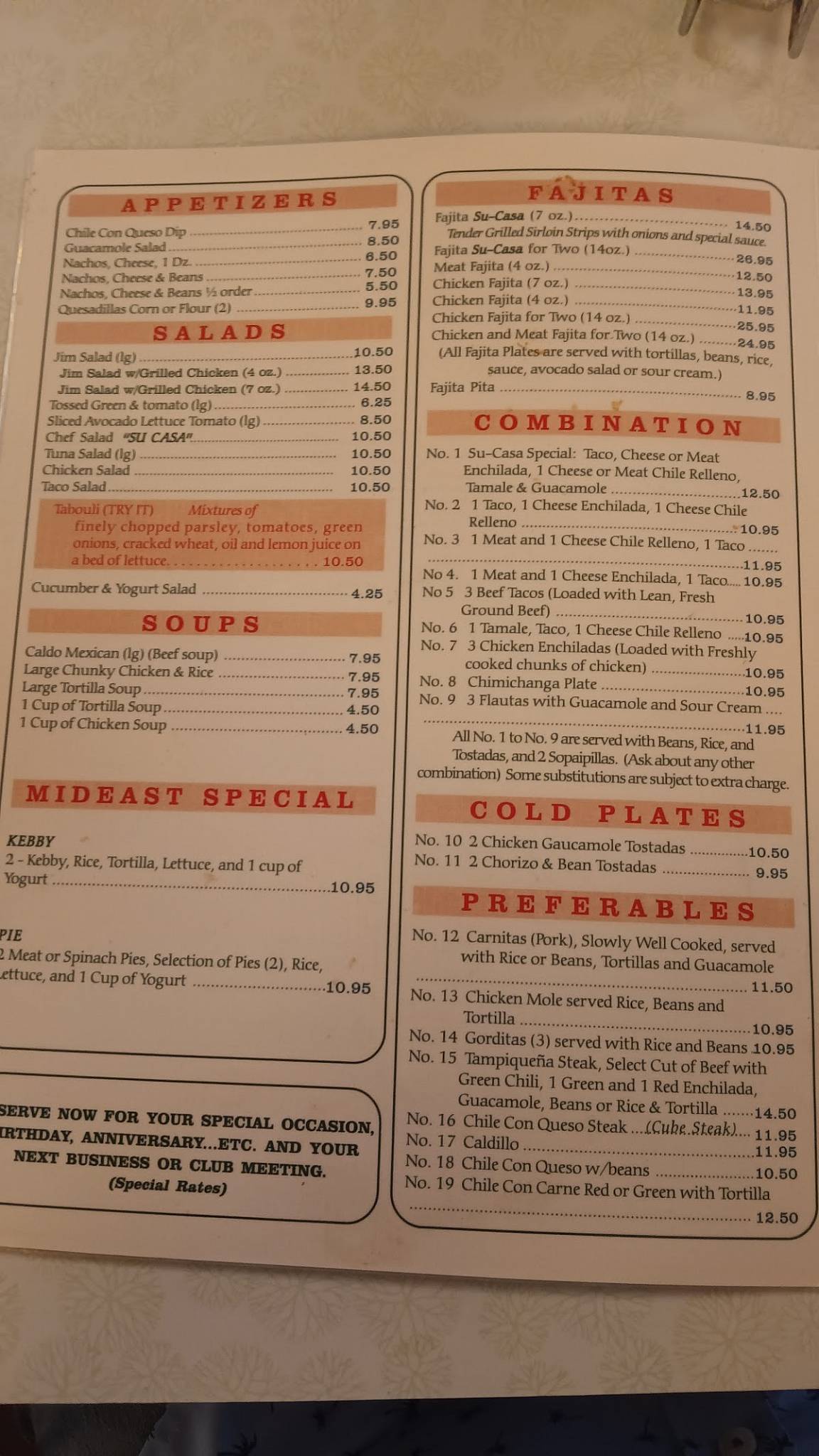 Menu at Su-Casa Restaurant, El Paso, Yandell Dr