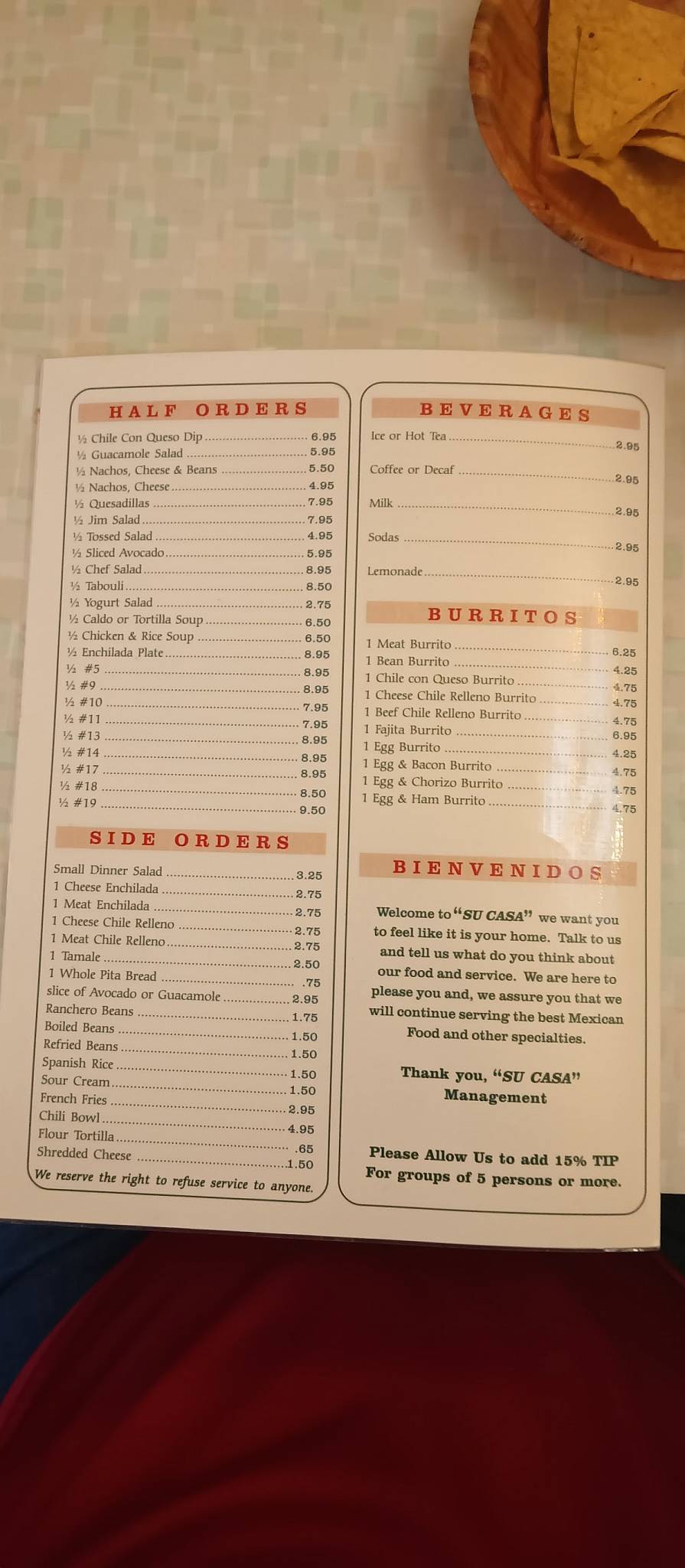 Menu at Su-Casa Restaurant, El Paso, Yandell Dr