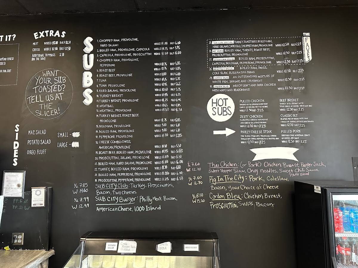 Menu at Sub City restaurant, Marshalltown