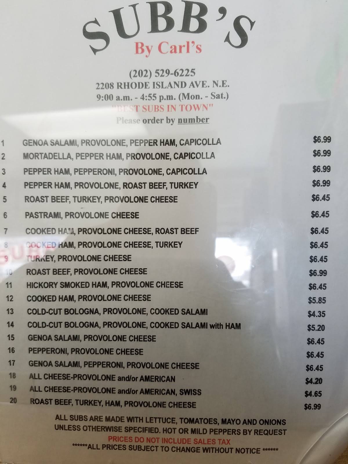Menu at Subbs by Carl restaurant, Washington