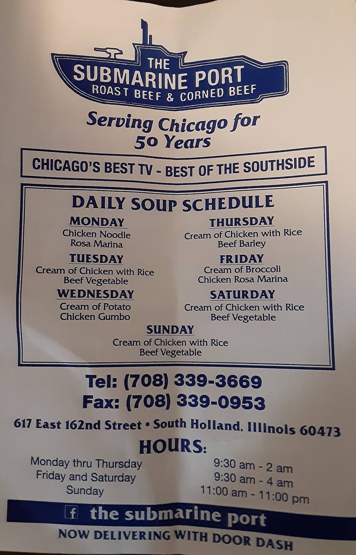 Menu at Submarine Port fast food, South Holland, 617 E 162nd St