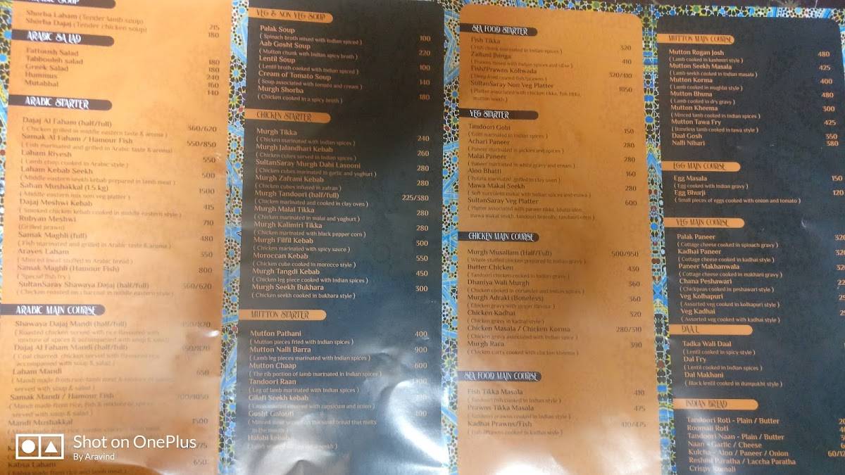 Menu at Sultan Saray, Mumbai, 199/5