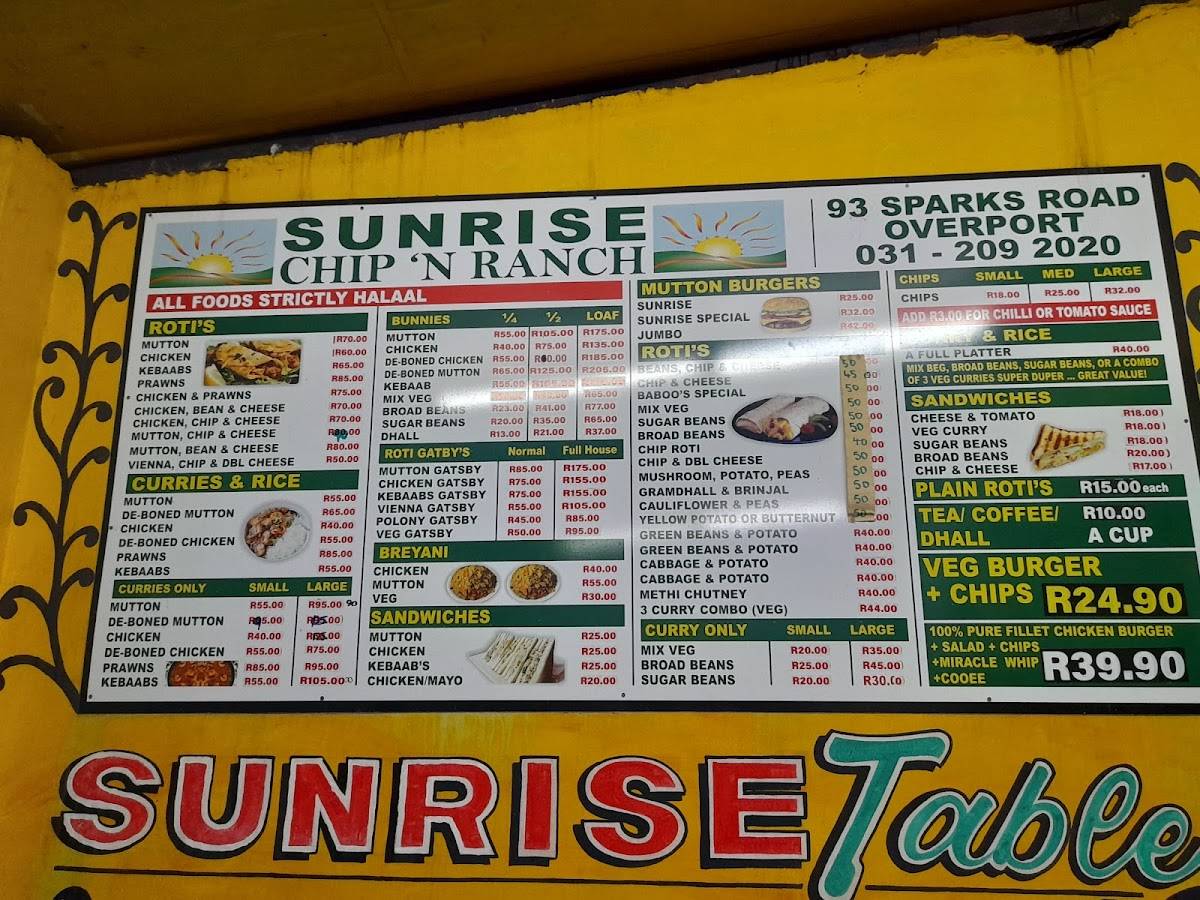 Menu at Sunrise Chip N Ranch, Overport, Durban restaurant, Durban, 93 ...