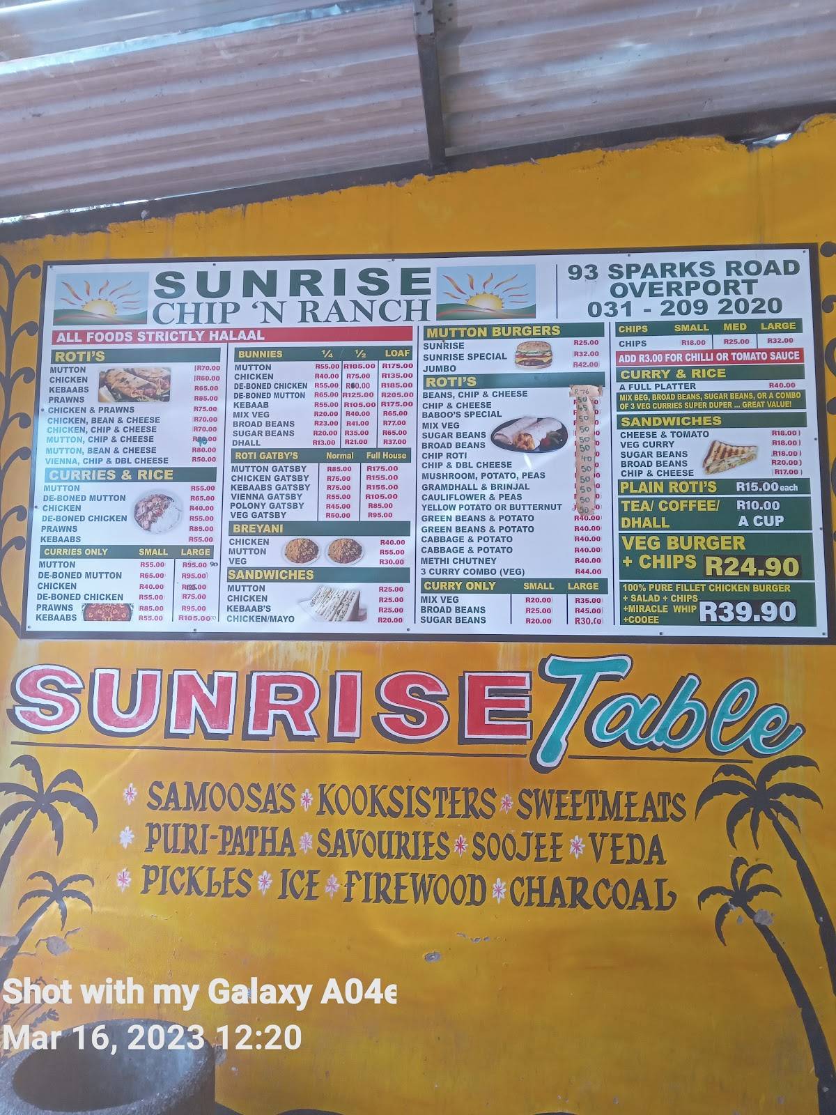 Menu at Sunrise Chip N Ranch, Overport, Durban restaurant, Durban, 93 ...