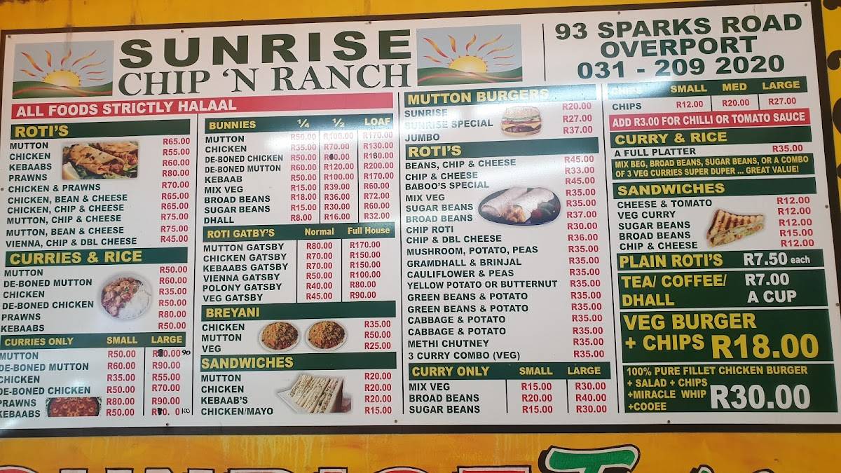 Menu at Sunrise Chip N Ranch, Overport, Durban restaurant, Durban, 93 ...