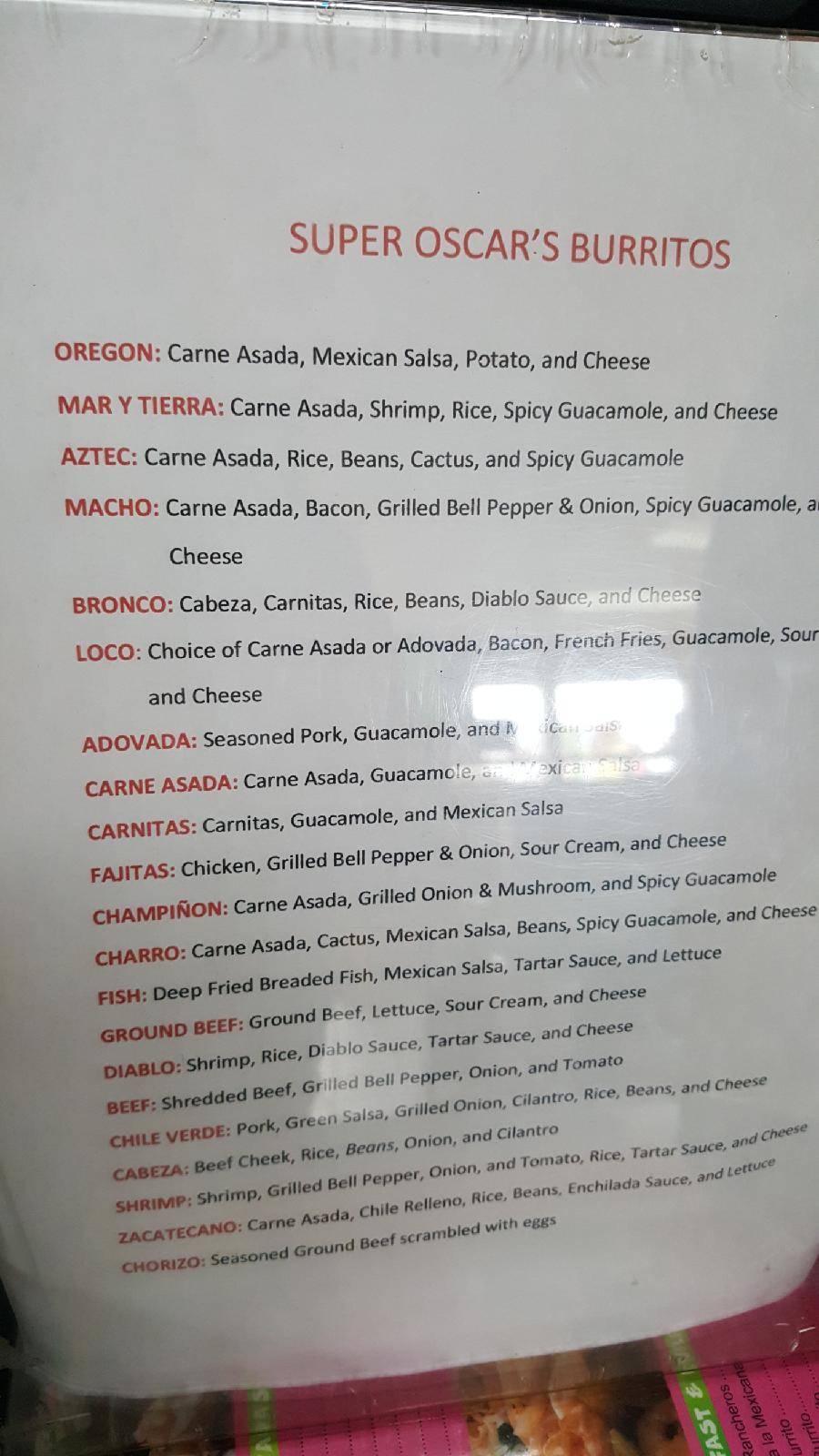 Menu at Super Oscar's Mexican Food restaurant, Newport