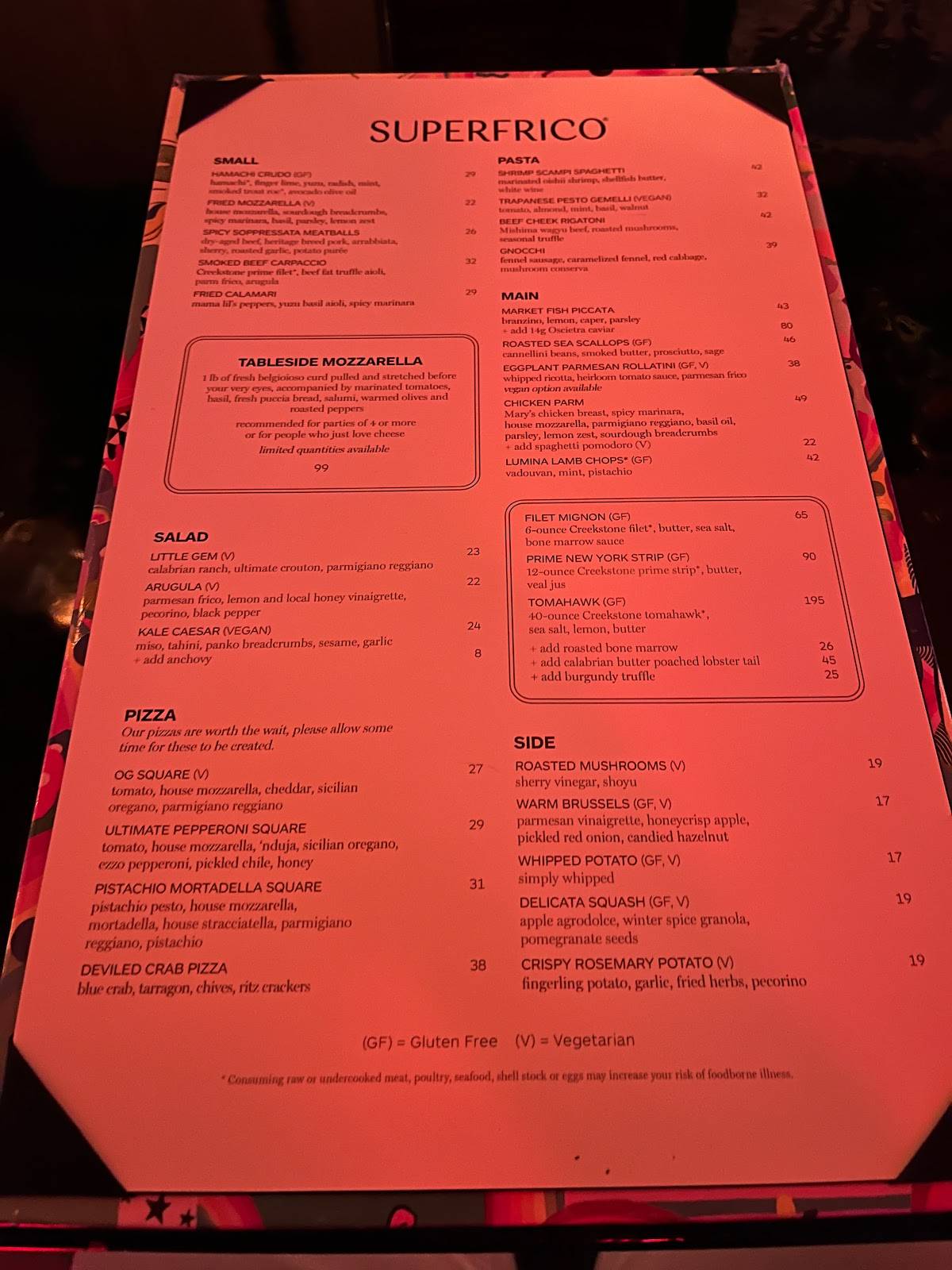 Menu at Superfrico pub & bar, Las Vegas