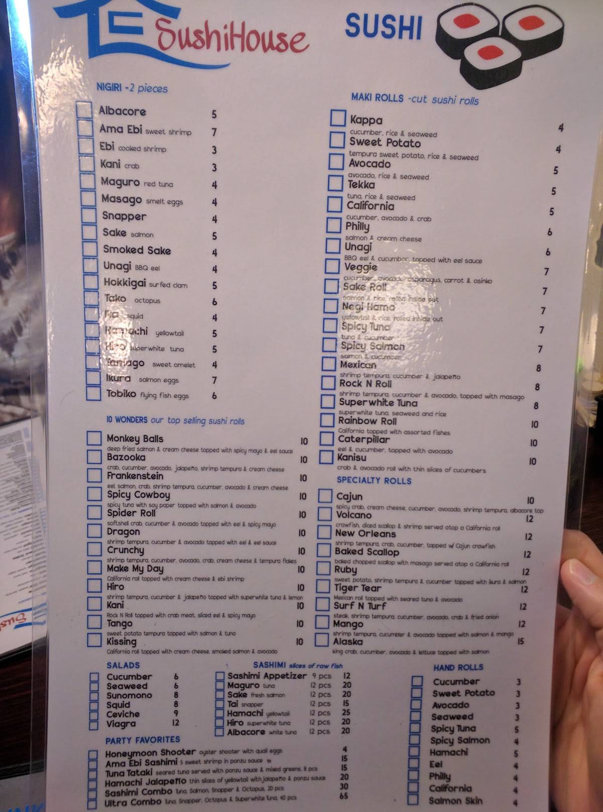 Menu at Sushi House restaurant, Amarillo