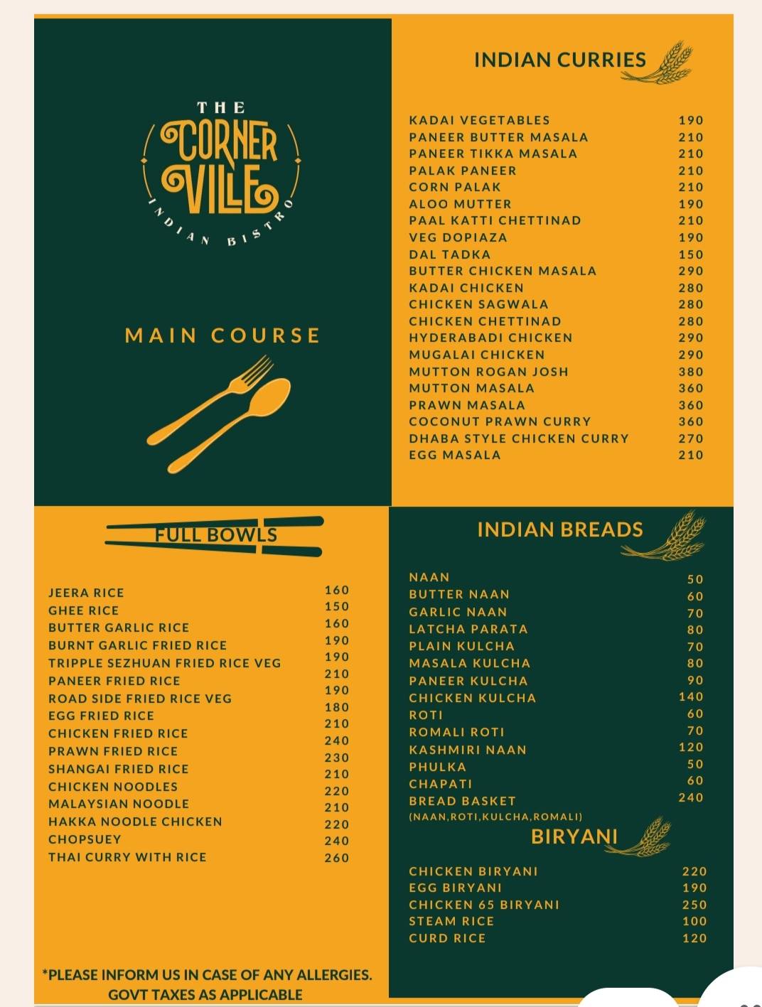 Menu at THE CORNER VILLE, Chennai