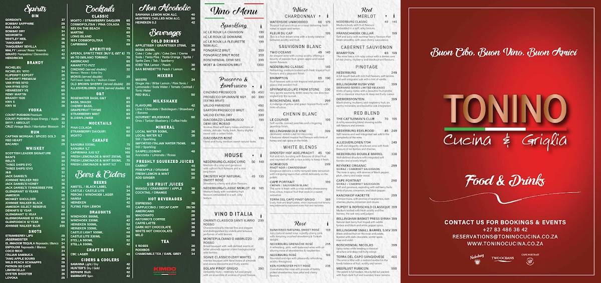Menu at TONINO CUCINA & GRIGLIA restaurant, Benoni